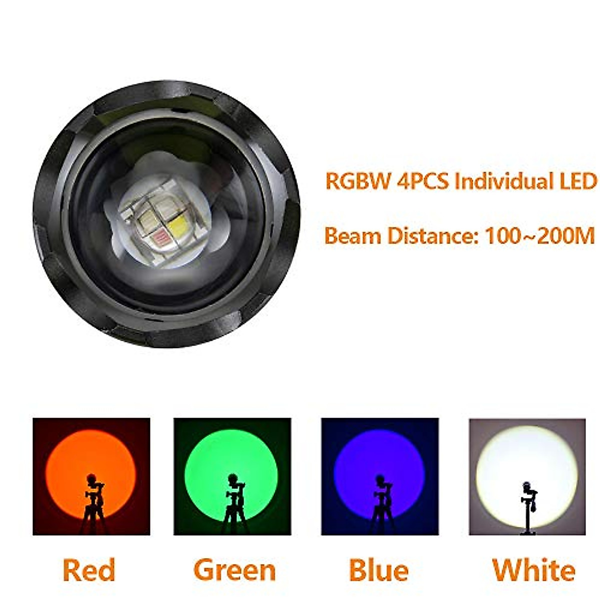 ALONEFIRE X004 Multicolor 4 Color in 1 LED Tactical Flashlight Rechargeable Red Green Blue White RGB Light Color Changing Waterproof with Battery, Charger for Camping Hiking Fishing Hunting Tracking