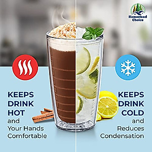 Insulated Drinking Glasses 16oz 4-pack - Made in USA Great for Iced Coffee & Hot Drinks, Clear Double Wall Plastic Tumbler Cups, Microwave, Freezer & Top Rack Dishwasher Safe Reusable Cups