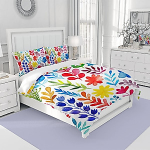 Queen Duvet Cover Set Watercolor Colorful Floral Leaves Soft Bed Duvet Cover with Zipper Closure,3 Pieces Breathable Bedding Set,1 Comforter Cover and 2 Pillow Shams