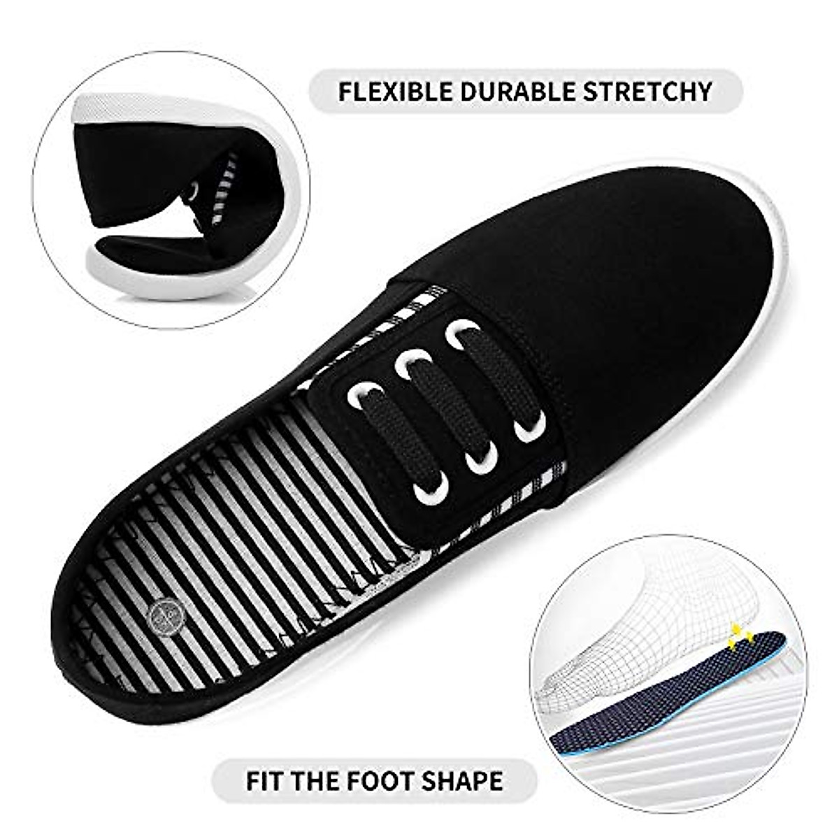 kufeiti Women’s Canvas Slip On Shoes Sneakers for Women Fashion Comfortable White Black Elastic Sneakers for Women(Black, US10)
