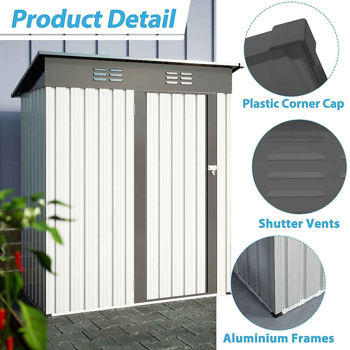 KTVTK 5x3 FT Outdoor Storage Shed with Pent Roof and Two Punched Vents,Galvanized Metal Garden Sheds w/Lockable Doors,Hinged Door & Padlock,for Patio Lawn Backyard Trash Cans Tool,White+Grey