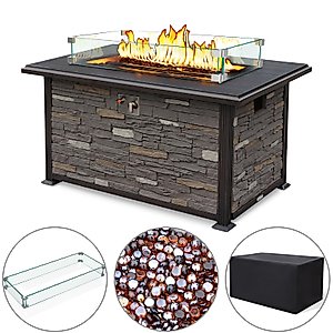 NOBLEMOOD 48 INCH Propane Fire Pit Outdoor Fire Table w/Faux Ledgestone Base, 50,000 BTU Gas Fire Pit Table w/Fire Pit Wind Guard, Aluminum Table Top & Waterproof Cover, CSA Certification
