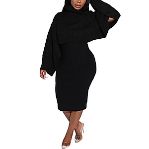 Famnbro Women's 2 Piece Winter Outfits Cable Knit Turtleneck Cropped Sweater Bodycon Midi Dress Sets