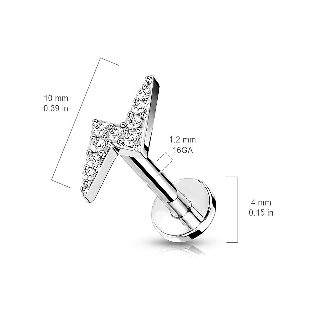 Pierced Owl 16G Stainless Steel Internally Threaded CZ Crystal Paved Lightning Bolt Top Flat Back Lip Cartilage Stud (Gold Tone, Bar Length: 6mm)