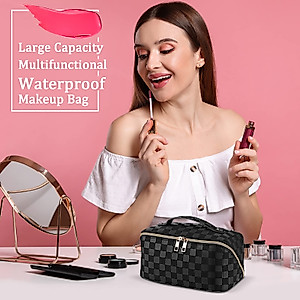 EVELOMO Large Capacity Travel Cosmetic Bag, PU Leather Waterproof Cosmetic Bag, Women Portable Travel Makeup Bag, Multifunctional Makeup Bag Organizer with 4 Silicone Leak Proof Sleeves (Black)