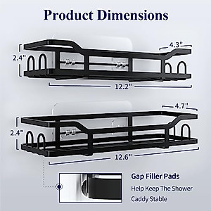 Kitsure Shower Caddy, Max Size - 12.6'' x 4.7'' x 2.4'' No Drilling Shower Organizer with 8 Hooks, Rustproof Stainless Steel Shower Shelf for Inside Shower, Shower Rack for Bathroom, Black - 2 Pack