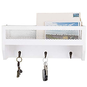 MyGift 16-inch Country Rustic White Wood & Metal Wall-Mounted Storage Wire Mesh Basket Rack w/Key Hooks