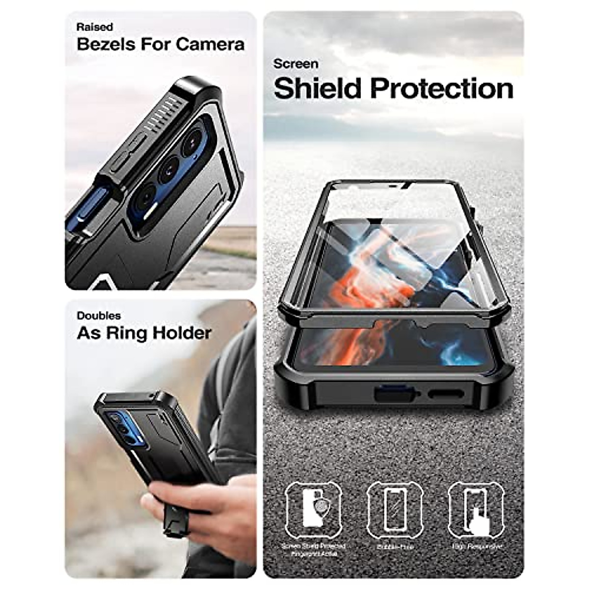 Dexnor for Motorola Moto Edge 2021 Case | Motorola Edge 5G UW Case, [Built in Screen Protector and Kickstand] Heavy Duty Military Grade Protection Shockproof Protective Cover for Men Women(Black)