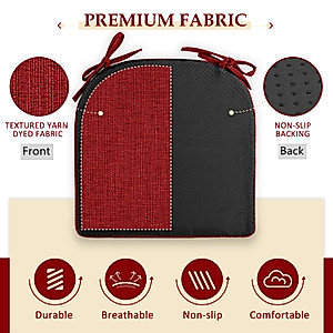 Wellsin Chair Cushions for Dining Chairs 6 Pack - Kitchen Chair Cushions with Ties and Non-Slip Backing - Dining Chair Pads 16"X16"X2", Red