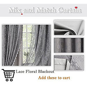 4 Pieces Grey Blackout Curtains & Elegant Rose Floral Lace Sheer Curtains for Bedroom Farmhouse Mix and Match Double Layer Or Single Layer Gray Room Darkening Grommet Window Drapes, 52"W x 84"L x 4
