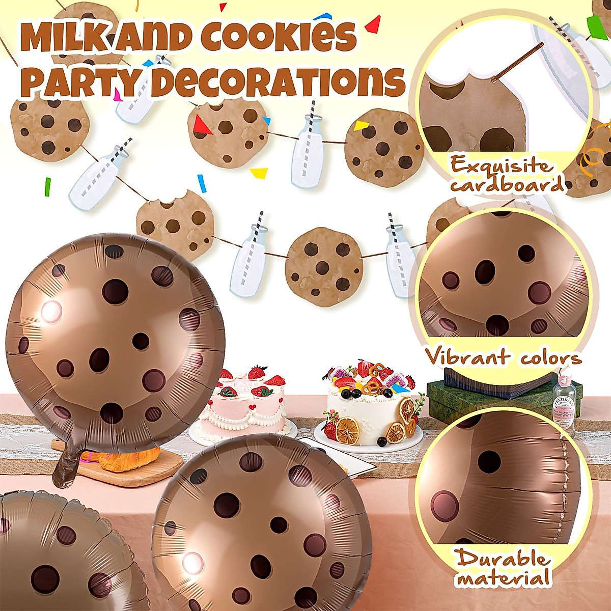 JellyArch 10 Pcs Cookies and Milk Party Decorations Include 8 Pcs 21 Inch Chocolate Chip Cookie Balloons and 2 Pcs Cookies Milk Birthday Party Garland for Cookie Birthday Decorations Baby Shower