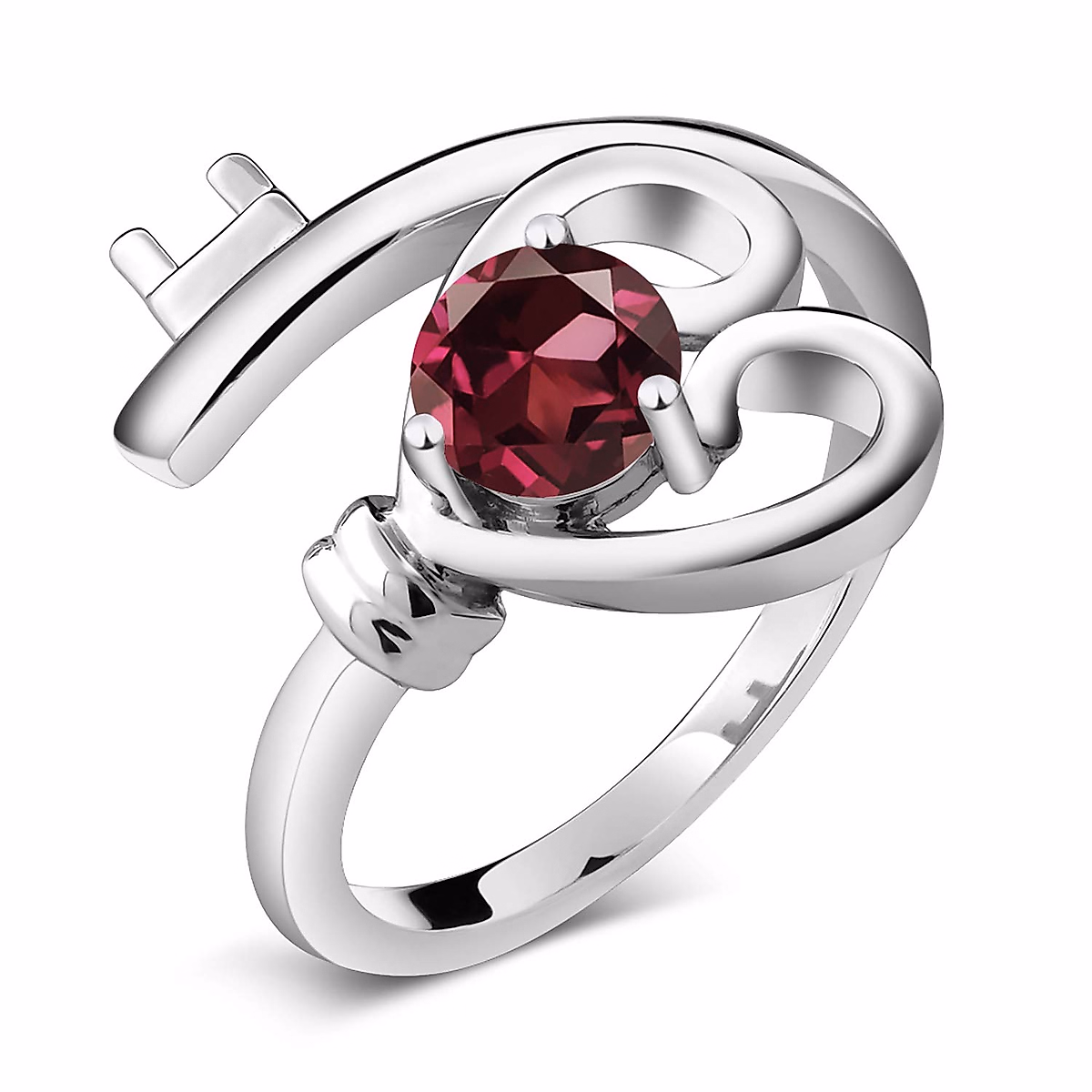 Gem Stone King 925 Sterling Silver Red Rhodolite Garnet Women Heart Key Ring (0.60 Cttw, Gemstone Birthstone, Available In Size 5, 6, 7, 8, 9)