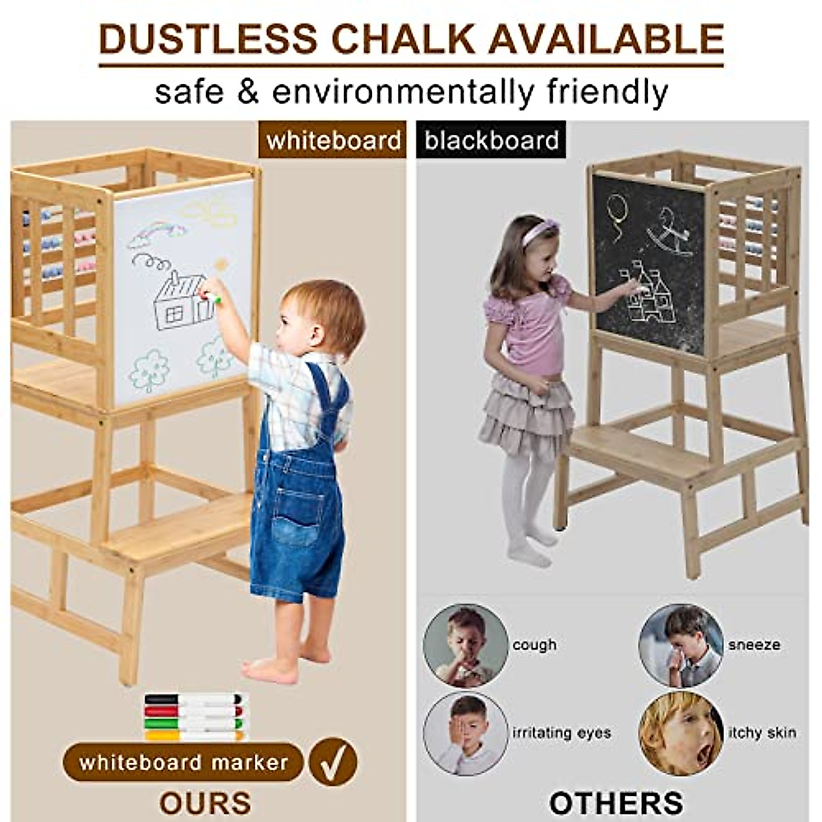 Cosyland Kids Kitchen Step Stool with Safety Rail -Toddler Kitchen Stool Helper Montessori Kids Learning Stool,Baby Standing Tower for Counter, Multi-Function with Abacus and whiteboard