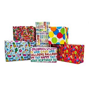 B-THERE Birthday Gift Wrap Wrapping Paper for Boys, Girls, Adults. 6 Cute & Funny Different Designs of 6 ft X 30 Roll! Includes Cactus, Fruit, Rainbows, Rainbow Sprinkles, Pizza, Balloons, Donuts