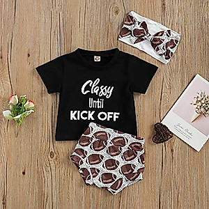 woshilaocai Newborn Baby Girl Funny Letter Print Short Sleeve T Shirt Top Cute Shorts Bloomers Headband Summer Clothes Set (black top football print shorts, 0-6 months)