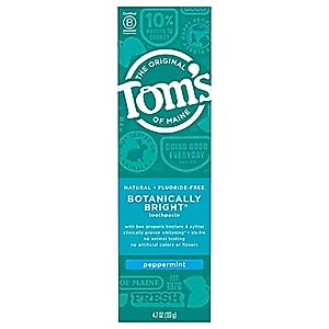 Tom's of Maine Natural Fluoride-Free SLS-Free Botanically Bright Toothpaste, Peppermint, 4.7 oz. (Packaging May Vary)