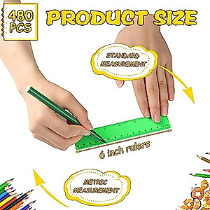 Harloon 480 Pack Clear Color Plastic Ruler Bulk for Classroom Kids Student Back to School Office Supplies Straight Rulers with Centimeters Inches 8 Colors Transparent Flexible Ruler (6 Inch)