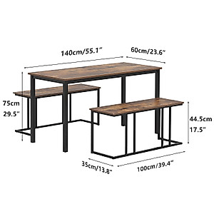 SogesPower 55.1 inches Dining Table Set,3-Pieces Kitcen Table Set for 2 Person Kitchen Breakfast Table Chair Set Pub Table and Chairs Set with 2 Bench Suitable for Kitchen Dining Room,Retro