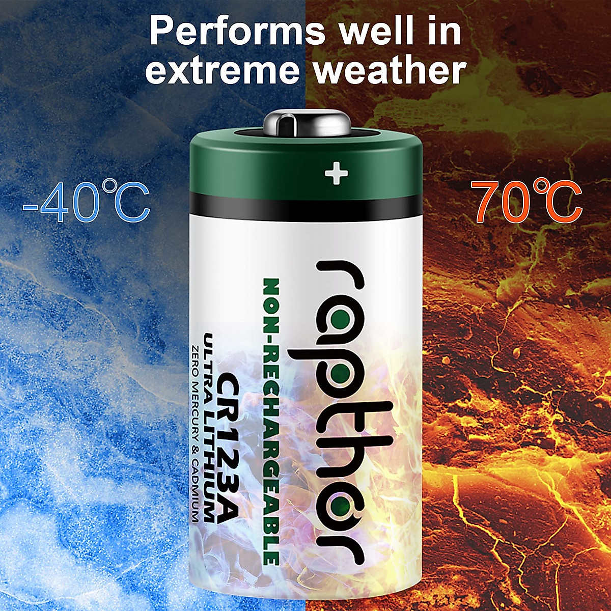 rapthor CR123A Lithium Batteries 1650mAh High Power UL Certified 3V Non-Rechargeable Battery with Built-in PTC for Flashlight Toys Alarm System Microphones (Not for Arlo) (20)