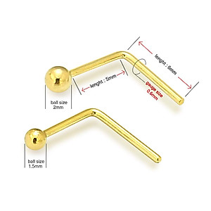 14K Yellow Gold Plain Ball Top 22 Gauge L Bend Nose Stud Piercing