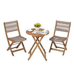 OC Orange-Casual 3 Piece Acacia Patio Bistro Set, Outdoor Compact Wood Table and Chairs Set of 2 for Apartment Balcony Front Porch Deck Yard, Beige