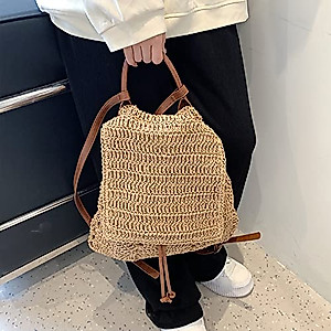 OWGSEE Summer Handmade Woven Crochet Straw Backpack Flap Drawstring Boho Backpack Purse for Women Vacation (Khaki)