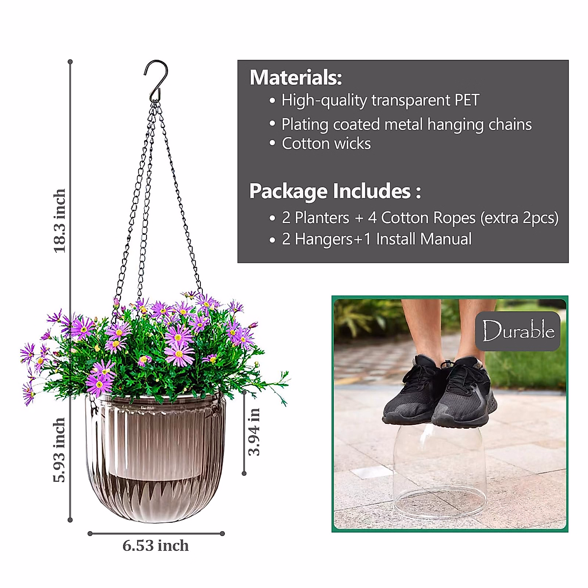 Josteve 6.5 Inch 2 Pcs Self Watering Hanging Planter Indoor Plant Pots Drainage Holes, Outdoor Hanging Planters Flower Pot Basket, Visible Water Level, Plant Hanger Home Decor, Gardening