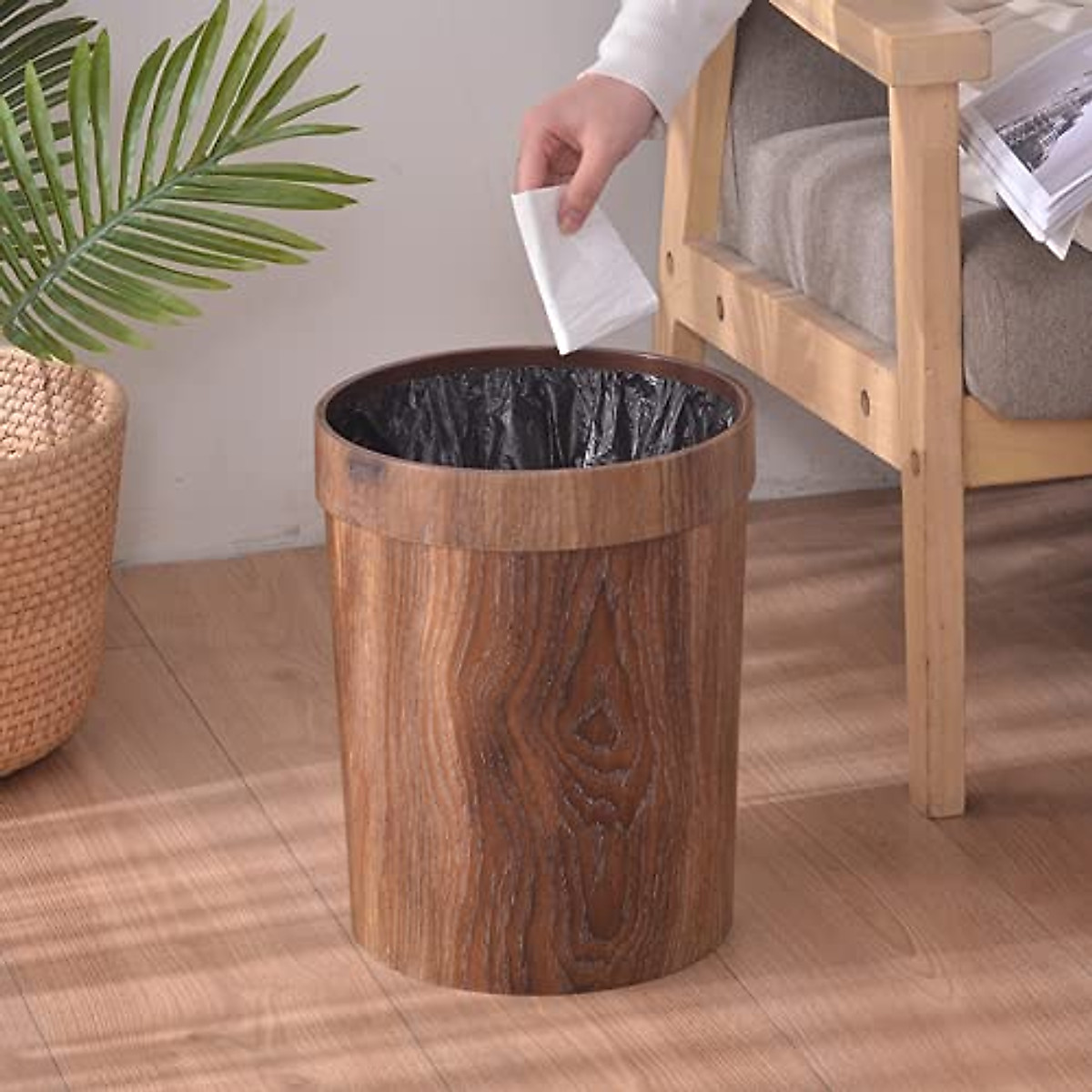 1PC Wood Grain Trash can Retro Plastic Trash can Round Plastic Trash can Living Room Kitchen Toilet Plastic Trash can
