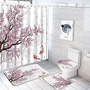 4 Pcs Cherry Blossom Shower Curtain Sets,Pink Floral Plum Blossom Blooming Spring Asian Japanese 70"x 70" Bathroom Curtain with 12 Hooks,29.5"x 17.8" Bath Mat,Toilet Seat Cover, U-Shaped Toilet