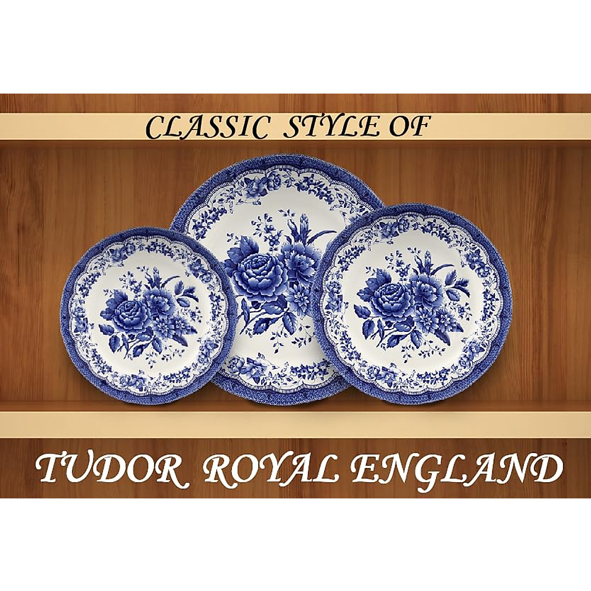 TUDOR ROYAL 24-Piece Porcelain Round Dinnerware Set, Service for 6, VICTORIA BLUE Design, Blue Floral, Plates Bowls Mugs Dishes, Premium Quality Ceramic Tableware, Unique Pattern, Glossy