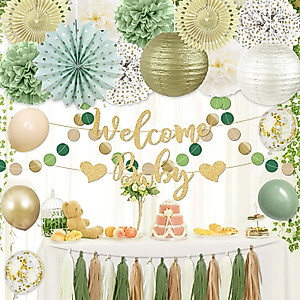 Sage Green Baby Shower Decorations, Welcome Baby Gender Neutral Baby Shower Decor, with Tissue Pom Poms, Balloons, Tassel Garland, Paper Lanterns for Gender Reveal Birthday Party Decorations