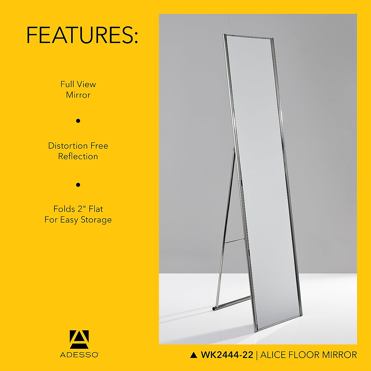 Adesso Alice Simple, Modern Full Length Mirror with Satin Steel Folding Frame