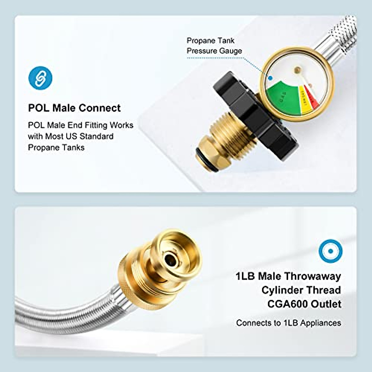 Kohree Propane Adapter Hose 1lb to 20lb Converter, 5FT Stainless Braided POL Propane Hose with Gauge for Buddy Heater, Coleman Stove, Tabletop Grill and More 1 LB Portable Appliance to 5-100 LB Tank