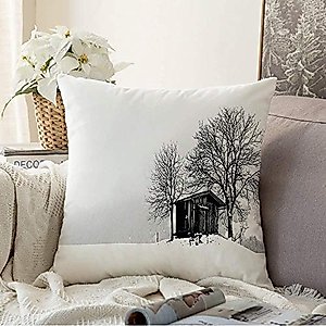 Decorative Throw Pillow Cover Landscape Black Away January White Snow Firewood Winter Leisure Cabin Hill Ski Wintersport Trees Cushion Cover for Sofa Home Decoration 16x16 Inch