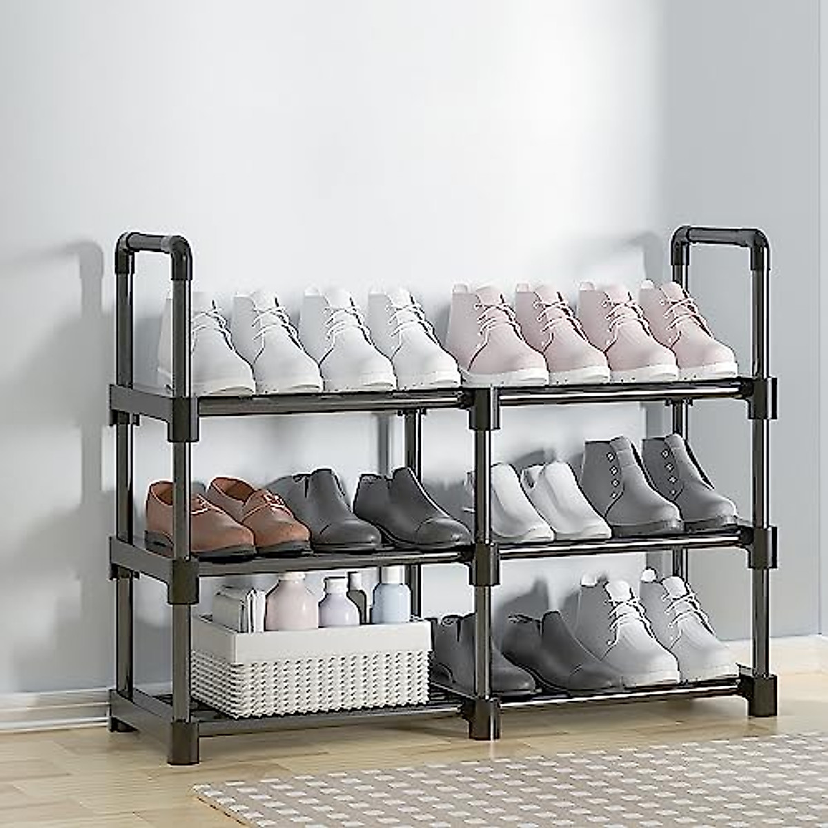RightTech 3-Tier Shoe Rack, 90CM Long Adjustable & Stackable Metal Shoe Shelf Storage Organizer, Heavy Duty Metal Free Standing Shoe Rack for Entryway Closet Doorway, Black