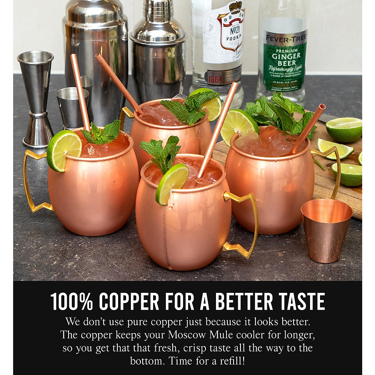 will's Moscow Mule Copper Mugs - Set of 4-100% Pure Solid Copper Mugs - 16 oz Premium Gift Set with 4 Cocktail Copper Straws, Shot Glass and Recipe Booklet (Set of 4)