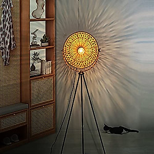 Osasy Rattan Bamboo Floor Lamp for Living Room,Bedroom,Farmhouse,Boho Standing Lamp,Wicker Hand-Worked Bamboo Lamp Shade,Black Industrial Modern Floor Light Adjustable Rustic Tall Lamp