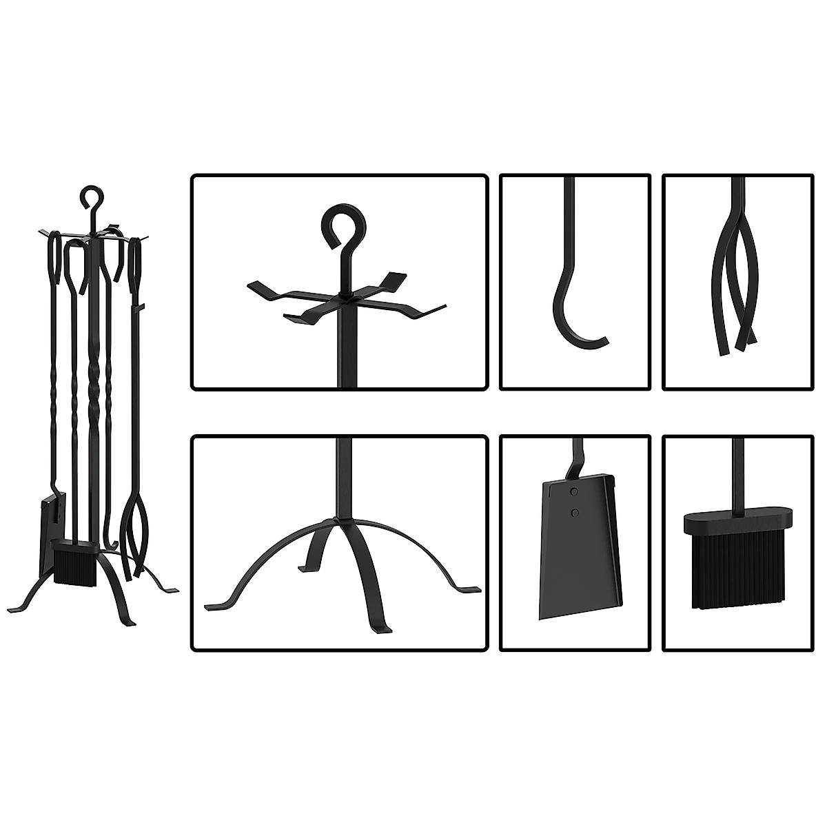 Fire Beauty 5 Pieces Fireplace Tools Sets Fireplace Accessories Tools Holder with Handles Tools for Indoor Fireplace Decor Outdoor Fire Pit Modern Tool(Black)