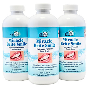 Miracle Brite Smile - 3% Hydrogen Peroxide MedicalFood Grade, Peppermint, Lemon, Clove Leaf, Cinnamon and Rosemary. Organic Essential Oils Leaving a Fresh Breath Mouth. 3 Bottles - 12 oz Bottles.