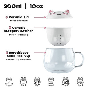 Cute Cat Creations, Crazy Cat LadyLovers Glass 300ml10oz Tea Cup with Tail Handle & Kitty Kat Ears Ceramic Lid, Kawaii Teacup with Ceramic Tea Leaf InfuserSteeperStrainer