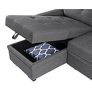 BOWERY HILL Steel Gray Linen Reversible/Sectional Sleeper Sofa with Storage for Small Space