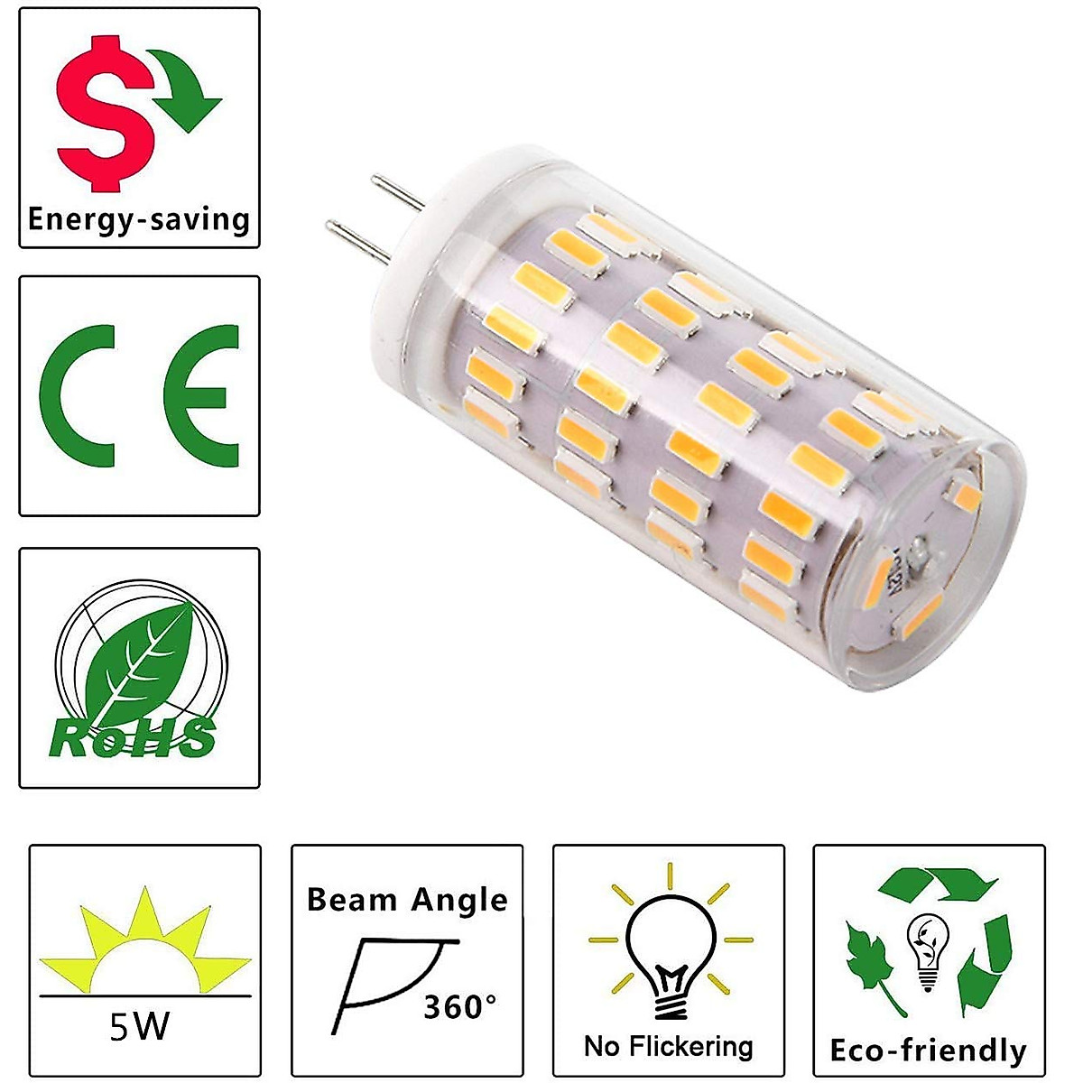 G4 Led Bulb 12V 5W, G4 T3 JC Bi-Pin Base Light Bulb Lamps, 40W Halogen Bulb Equivalent, AC/DC 12V Volt Low Voltage Warm White 3000K, Not-Dimmable, for Home, Landscape. (Pack of 4)