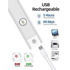 GARTO Silver Under Cabinet Light 2 Packs,23.62 inch Slim LED Motion Sensored Light,4 Beads USB Rechargeable Under Counter Lights for Kitchen Shelf Wardrobe Closet