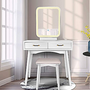 FUNKOCO Vanity Table Set with Lighted LED Touch Screen Dimming Mirror,Makeup Dressing Table with 2 Sliding Drawers, 1 Cushioned Stool for Bedroom, Bathroom (White)