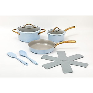 PHANTOM CHEF 8 Piece Luxe Cookware Set | Non-Stick Ceramic Coating | Oven & Dishwasher Safe | PFOA-Free | Aluminum Pots & Pans Set with Glass Lids | Induction Stovetop Compatible (Light Blue)