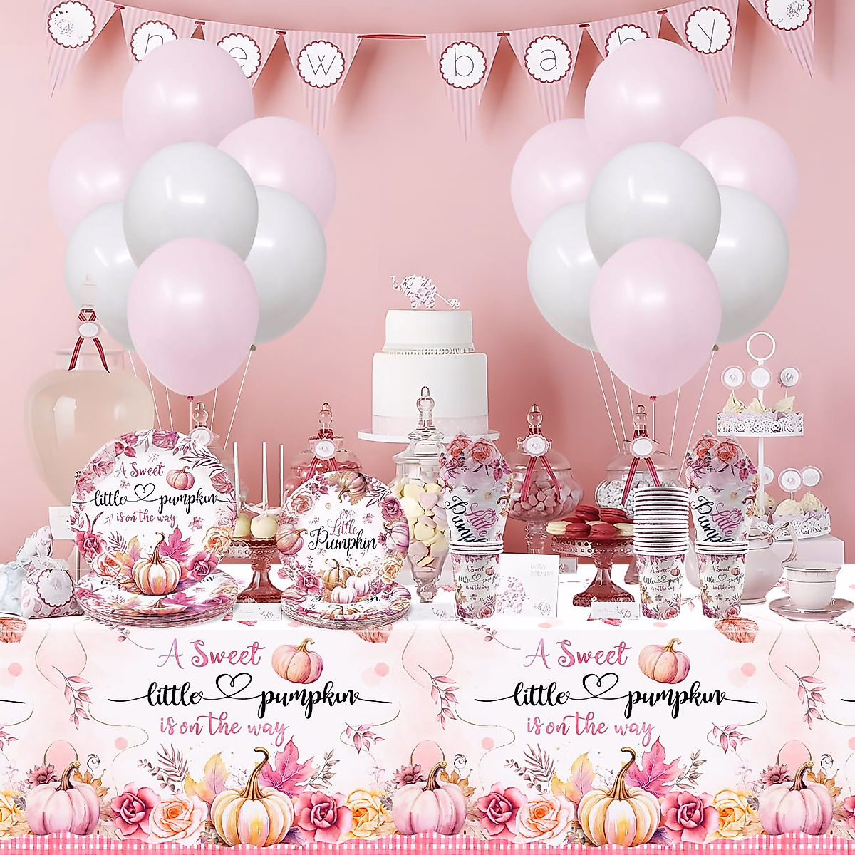 Little Pumpkin Baby Shower Decorations Happy Fall a Little Pumpkin Is On The Way Tableware Set Serves 30 Guests with Pink Fall Pumpkin Plates,Napkins and Cups, Plastic Tablecloth for Girl Baby Shower