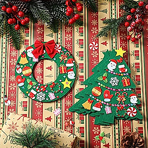 12 Pcs Felt Christmas Tree Wreath Craft Kit Christmas DIY Ornaments with 221 Self Adhesive Christmas Felt Stickers 12 Christmas Bows and 5 Gem Stickers(Wreath and Trees Style, 6 Inch, 7.8 Inch)