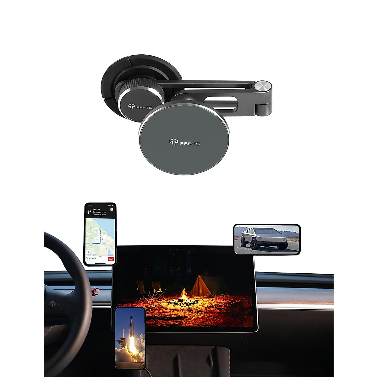 TPARTS Foldable Magnetic Car Mount, Hidden Design for Tesla Model 3/Y, Compatible with iPhone 15 Pro, 14, 13, 12, MagSafe Cases