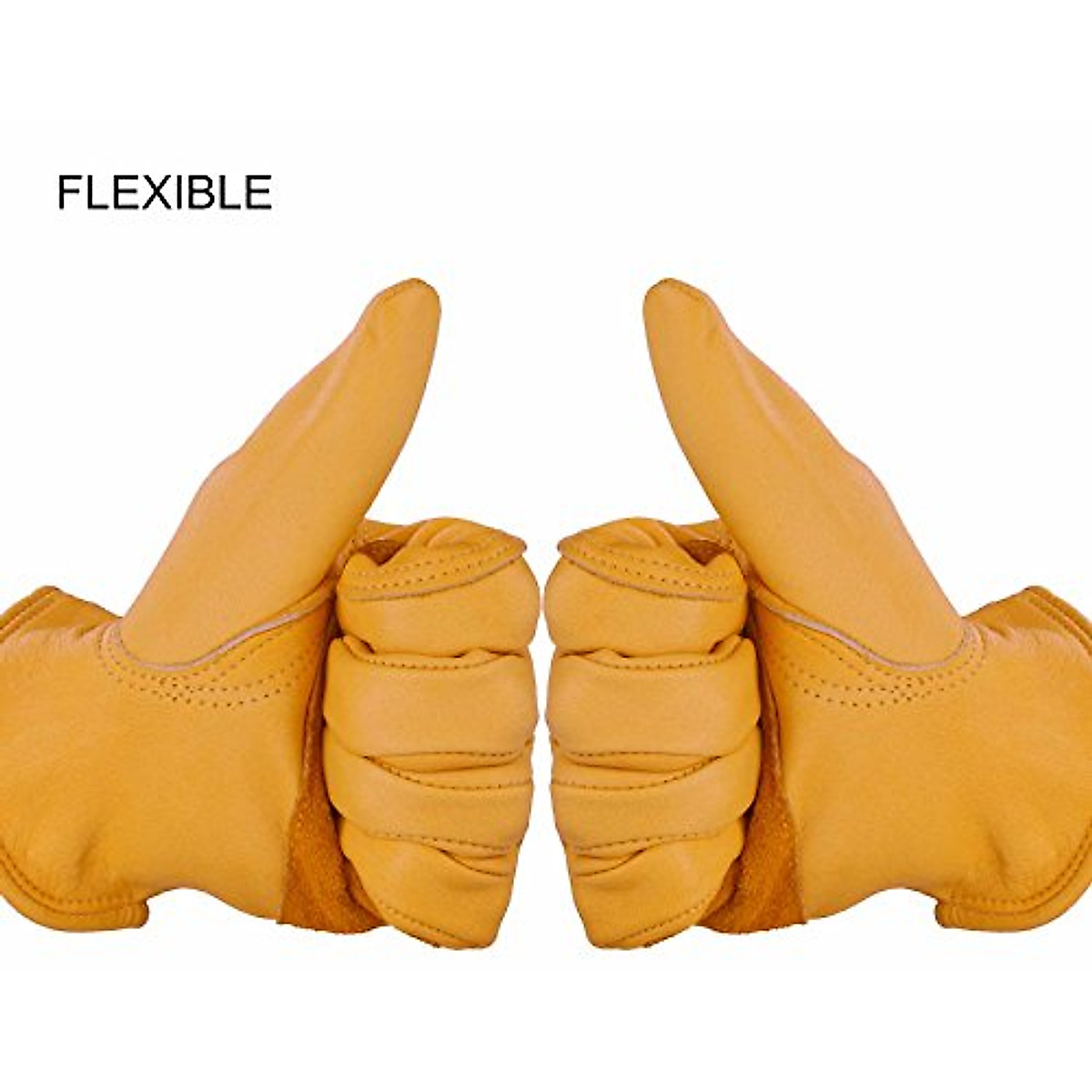 OZERO Leather Work Gloves Flex Grip Stretchable Tough Cowhide Work Gloves 1 Pair (Gold, Medium)