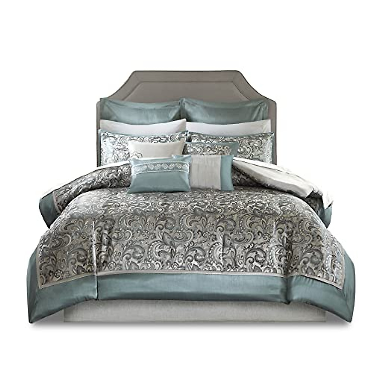 Madison Park Essentials Brystol 24 Piece Room in a Bag Faux Silk Comforter Jacquard Paisley Design Matching Curtains Down Alternative Hypoallergenic All Season Bedding-Set, Queen (90 in x 90 in), Teal